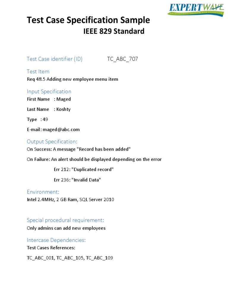 1.2 Test Case Specification Sample PDF | PDF