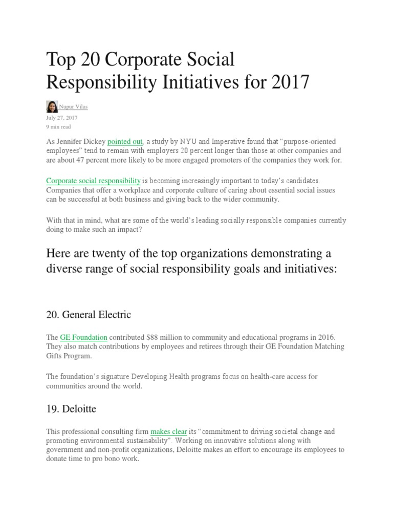 Top 20 Corporate Social Responsibility Initiatives For 2017 | PDF ...