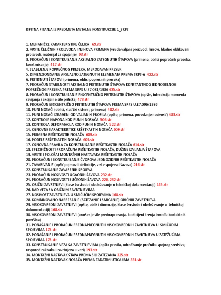 Ispitna Pitanja Iz Predmeta Metalne Konstrukcije 1 | PDF