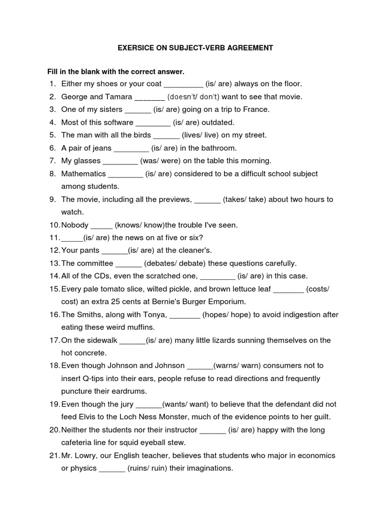 Exersice On Subject-Verb Agreement | PDF