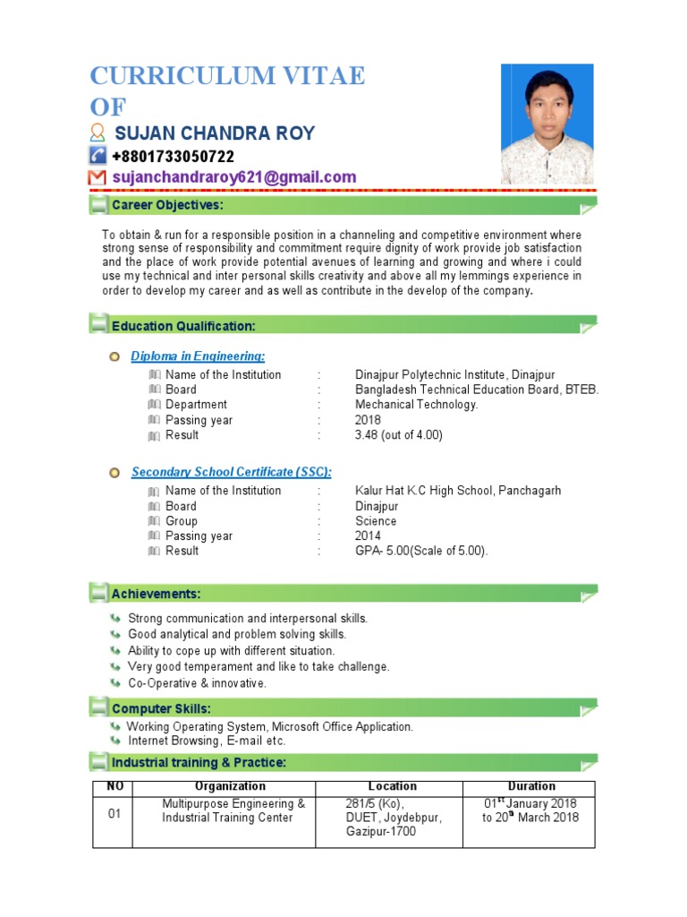Curriculum OF Um Vitae: Sujan Chandra Roy Sujan Chandra Roy | PDF | Engineering | Science And ...