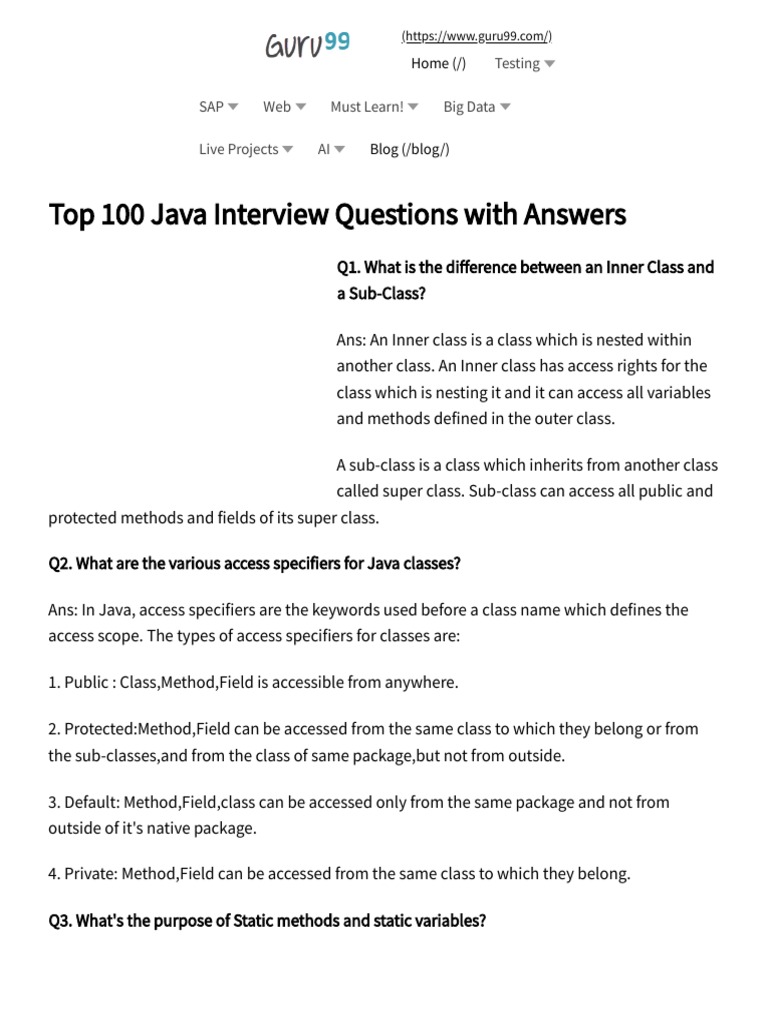 Top 100 Java Interview Questions With Answers Testing Sap Web Must Learn Big Data Live 