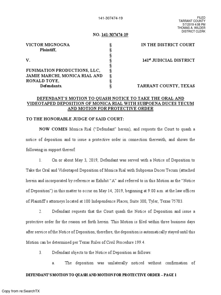 2019-05-07 Rial MTQ and MPO | PDF | Discovery (Law) | Deposition (Law)