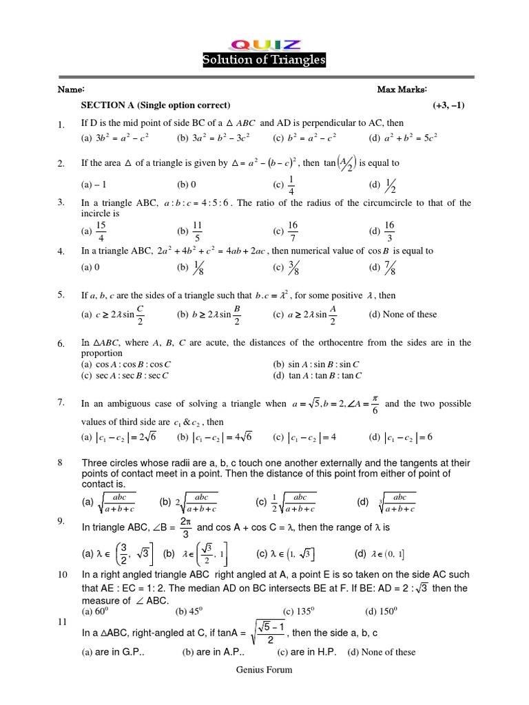 Quiz Solution of Triangles | PDF | Geometric Shapes | Elementary Geometry