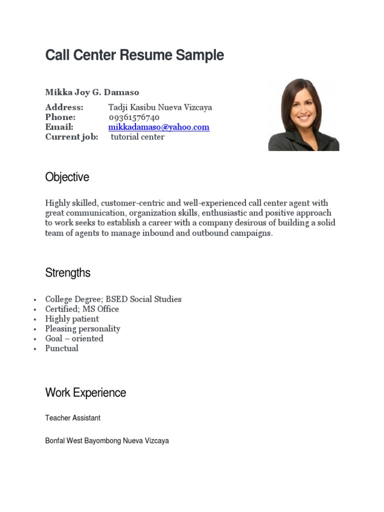Call Center Resume Sample: Objective | PDF | Call Centre | Cognition