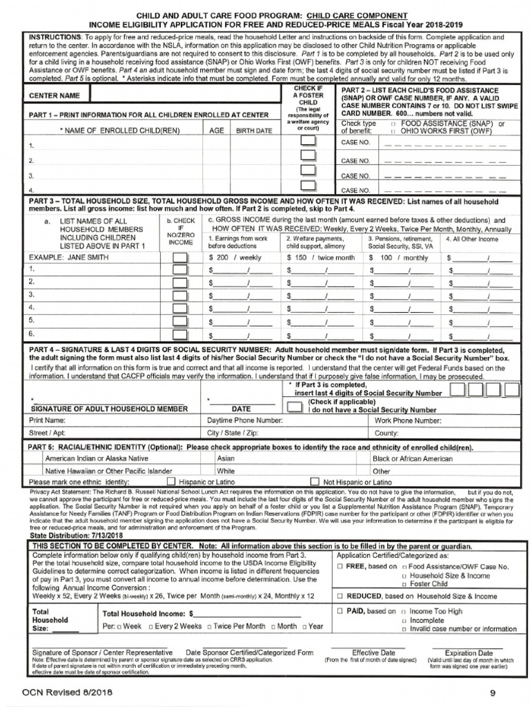 CACFP App. 2018-2019 | PDF