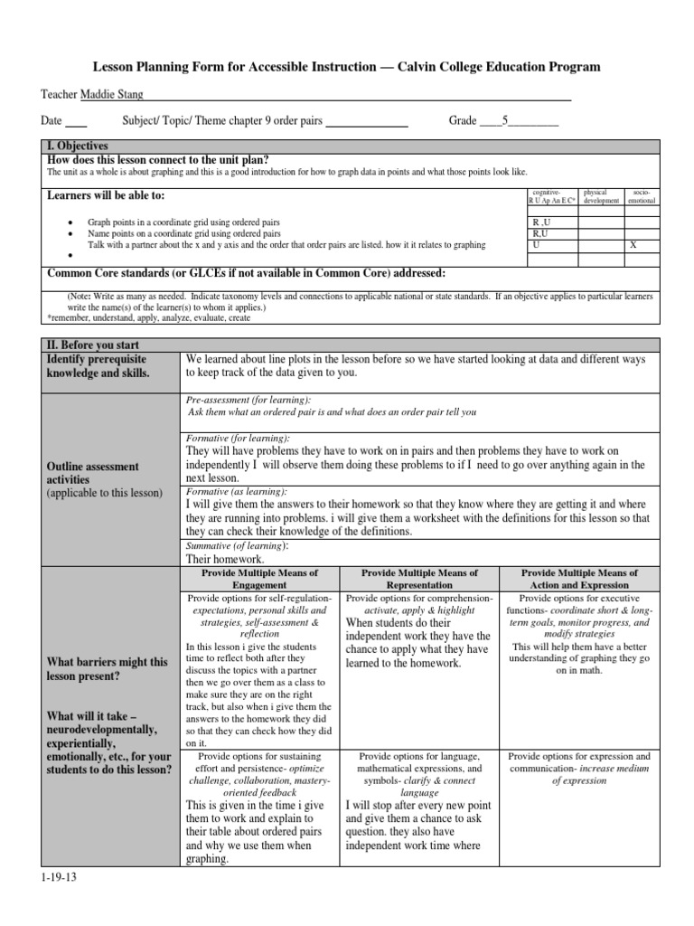 Lesson Planning Form For Accessible Instruction - Calvin College ...