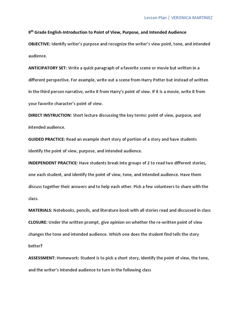 9th Grade English: Point of View Lesson | PDF