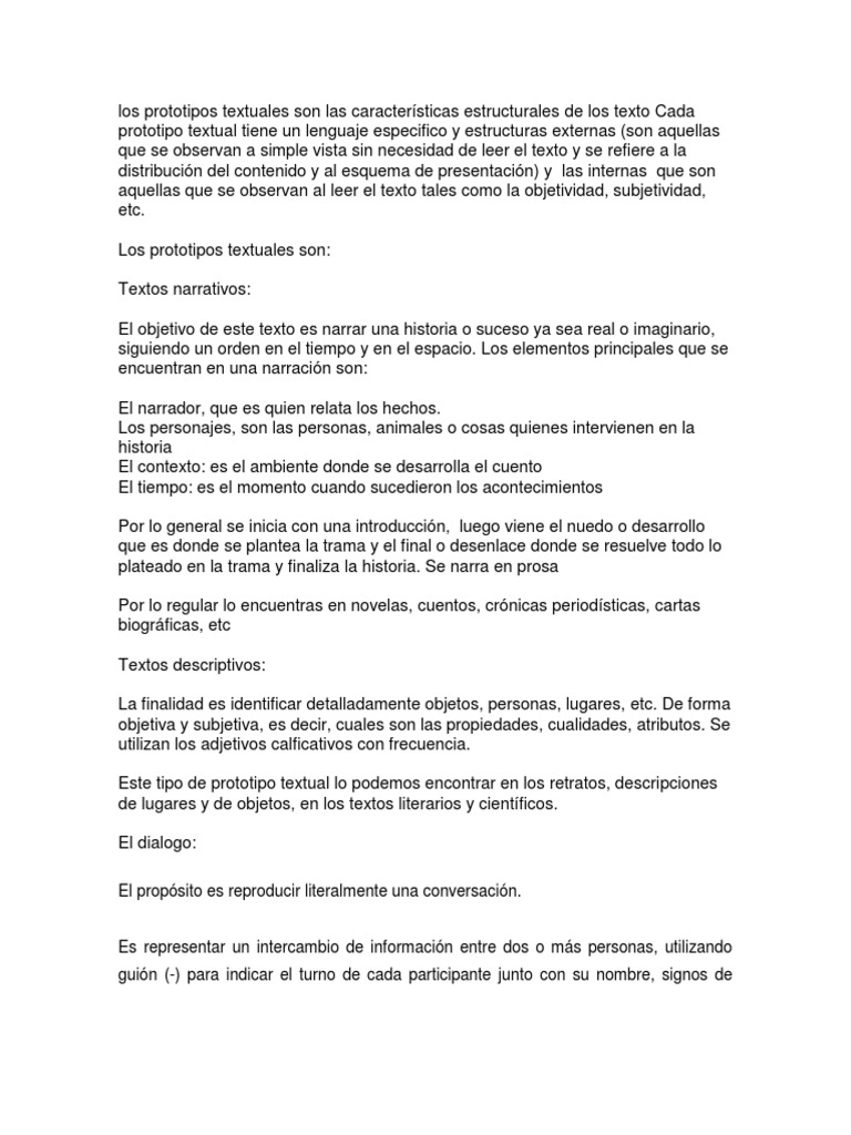 Los principales prototipos textuales y sus características | PDF ...