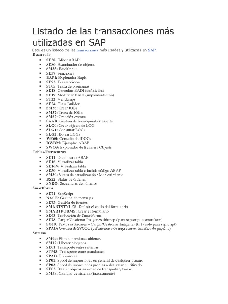 Transacciones Mas Usadas en SAP | PDF | Sistema operativo | Ciencias de ...
