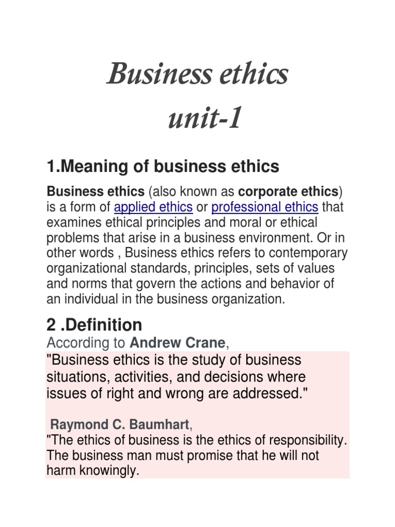 Business Ethics Unit 1 | PDF | Business Ethics | Rights