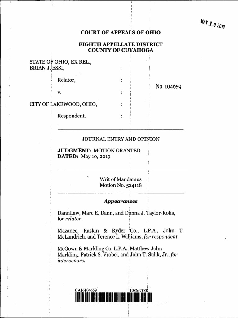 BRIAN J. ESSI, v. CITY OF LAKEWOOD, OHIO Writ of Mandamus Motion No ...