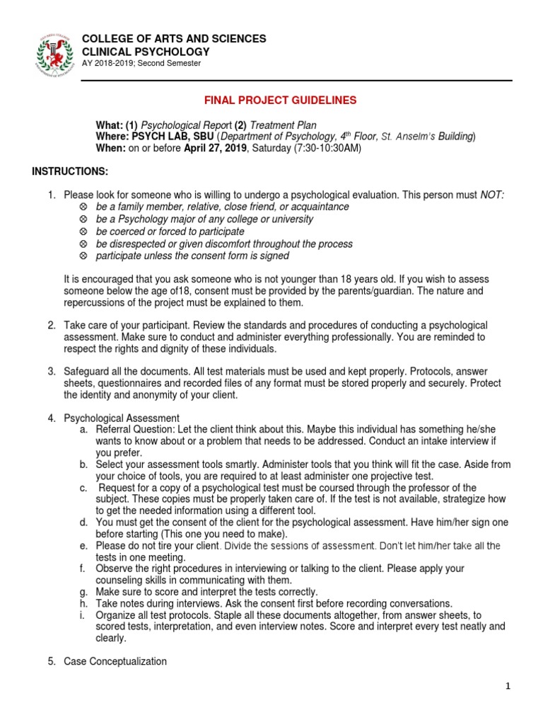 College of Arts and Sciences Clinical Psychology: Final Project ...