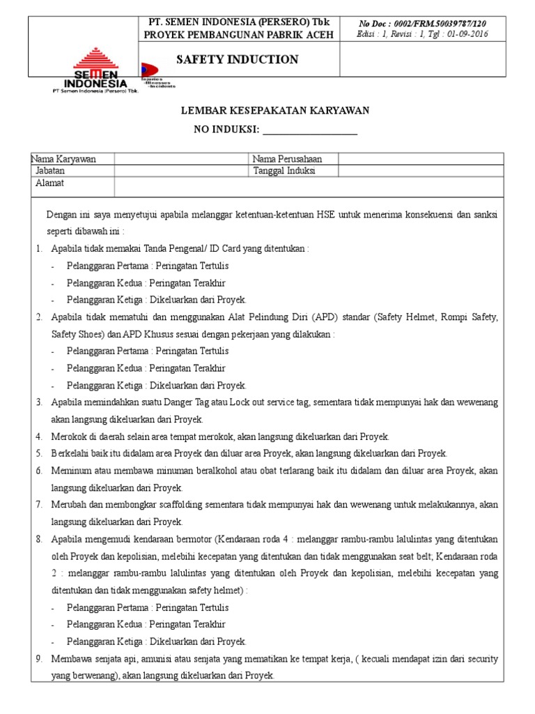 02-Form Safety Induction Smi | PDF