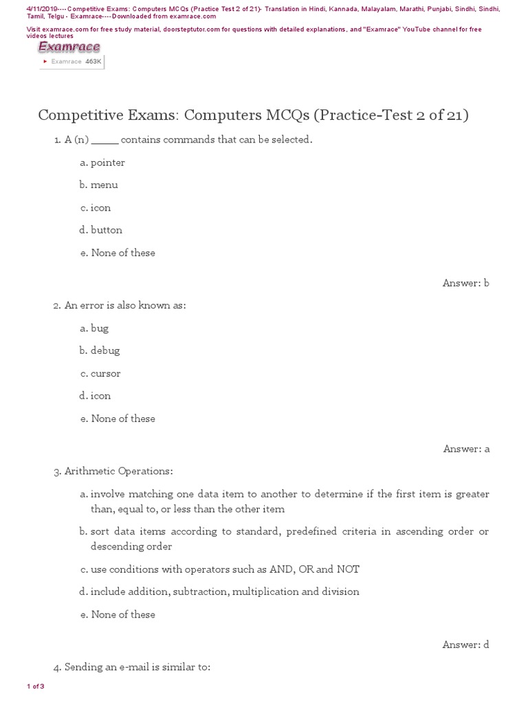 Computers MCQs Practice Test 2 | PDF | Input/Output | Multiple Choice
