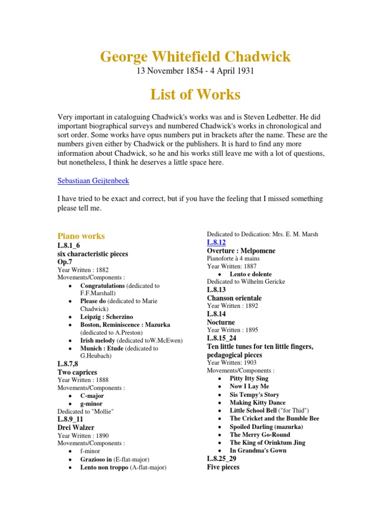 Chadwick List of Works | PDF | Tempo | Chamber Music