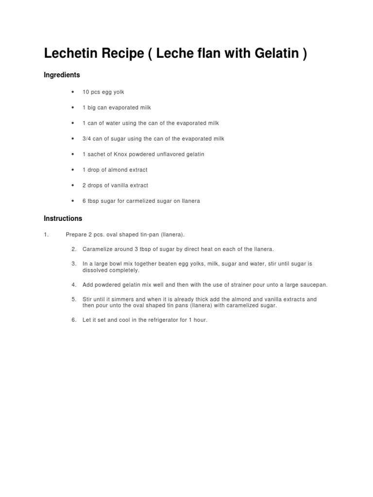 Lechetin Recipe (Leche Flan With Gelatin) : Ingredients | PDF