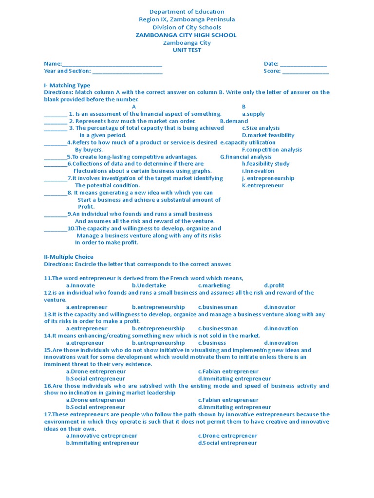 Entrepreneurship Unit Test Guide | PDF | Social Entrepreneurship ...