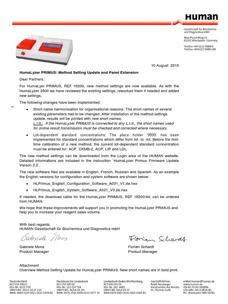 Information HumaLyzer Primus Setting Update and Extension en | PDF ...