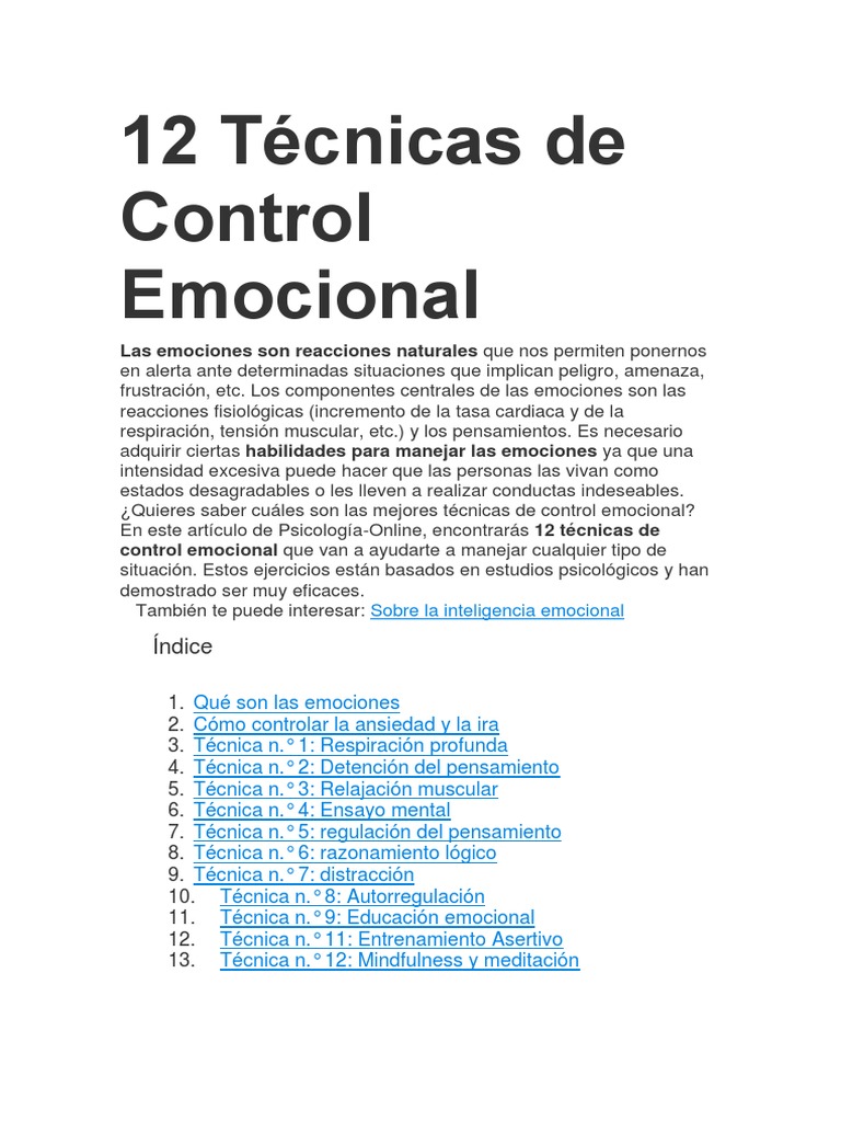 12 Técnicas de Control Emocional | PDF | Las emociones | Ansiedad