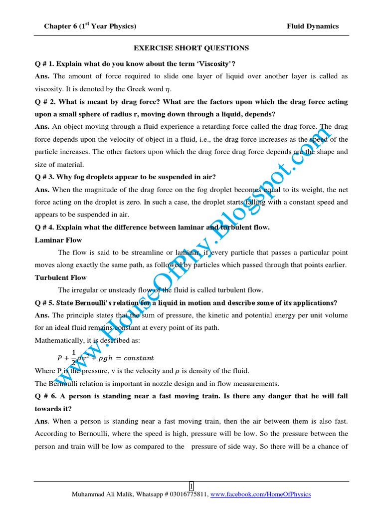 Chapter 6 Exercise Short Questions | PDF | Drag (Physics) | Fluid Dynamics