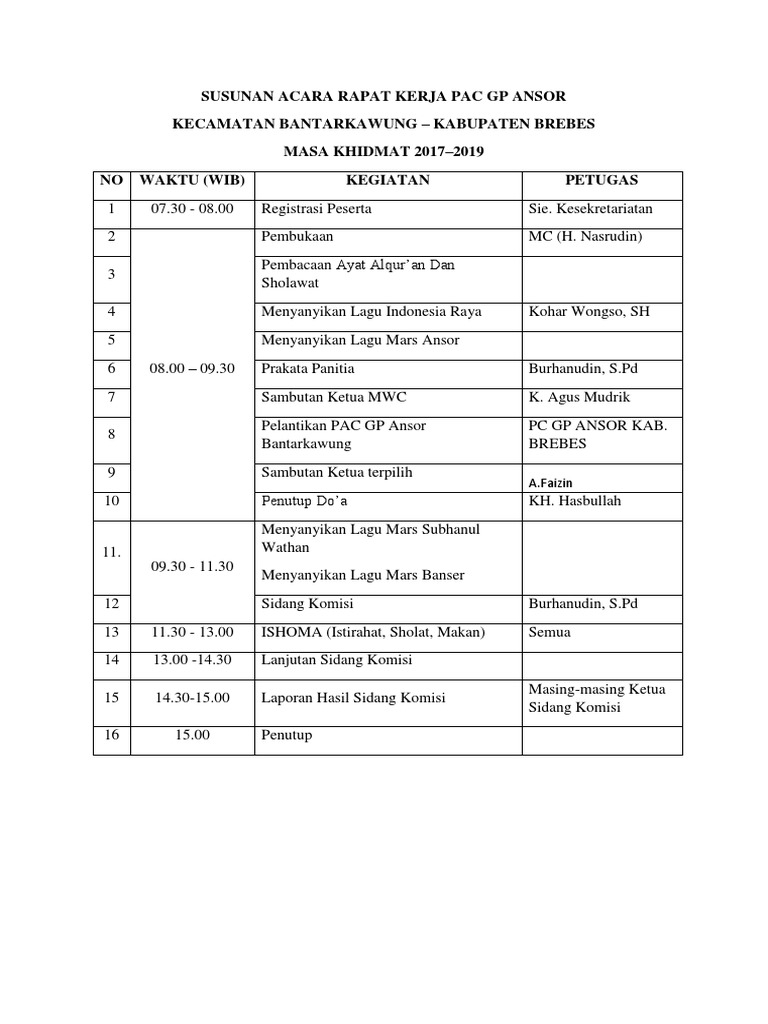Susunan Acara Rapat Kerja Pac GP Ansor | PDF