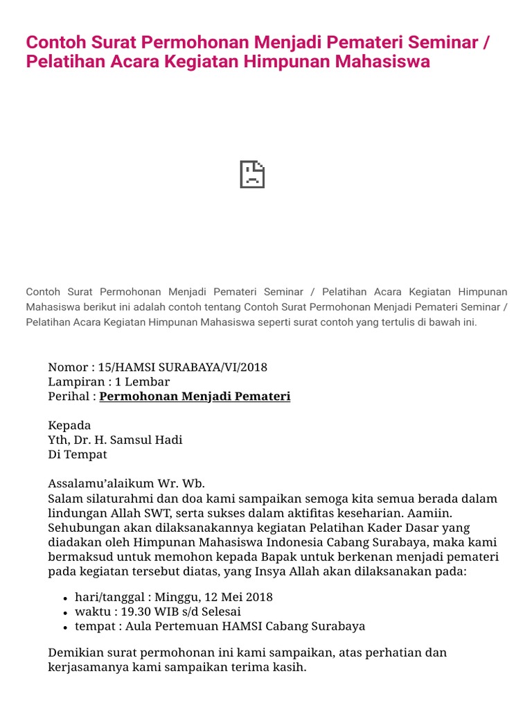Contoh Surat Permohonan Menjadi Pemateri Seminar - Pelatihan Acara ...