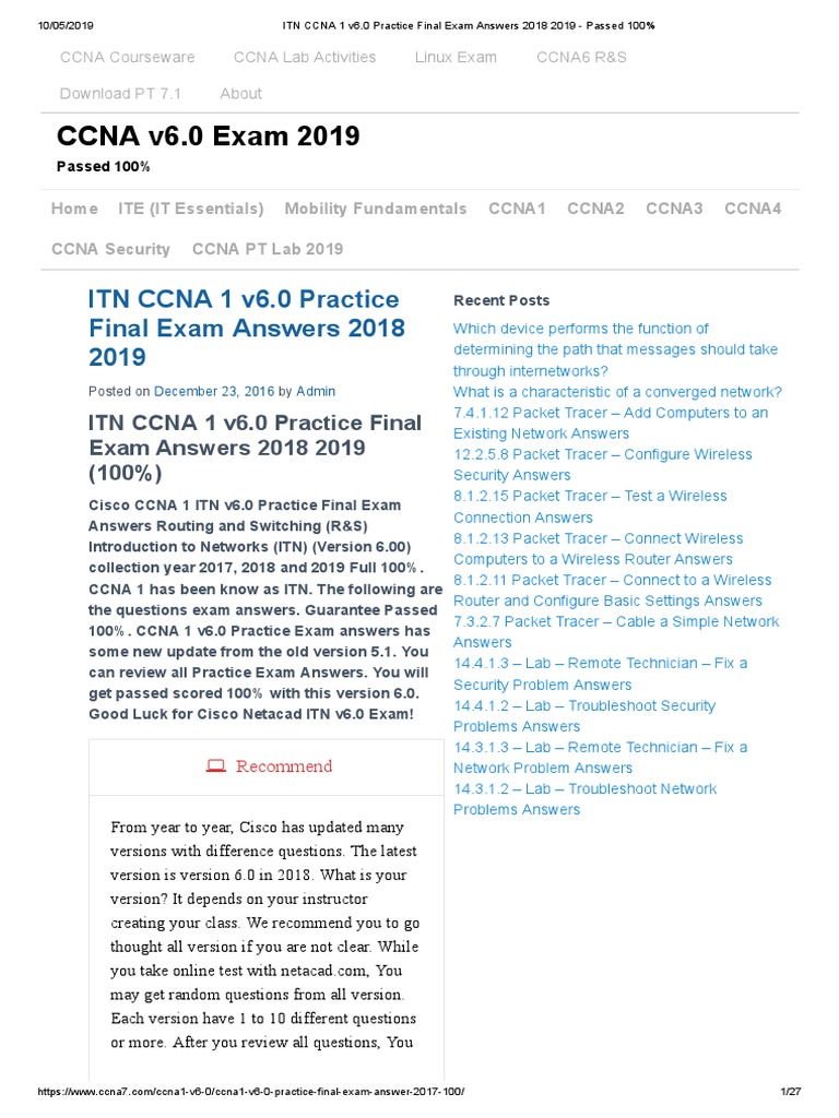 ITN CCNA 1 v6.0 Practice Final Exam Answers 2018 2019 - Passed 100% | PDF | Internet Protocol ...