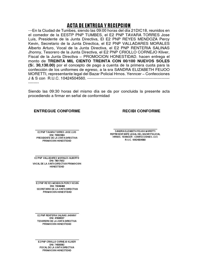 Acta de Entrega y Recepcion | PDF