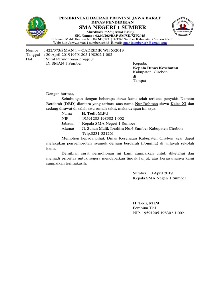 Surat Permohonan Fogging - Bantuan Listrik Dan Internet UNBK 2019 | PDF