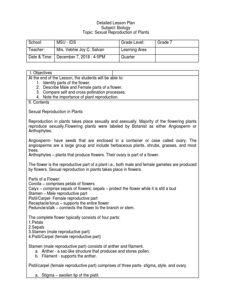 Sexual Reproduction of Plants Lesson Plan | PDF | Flowers | Pollination