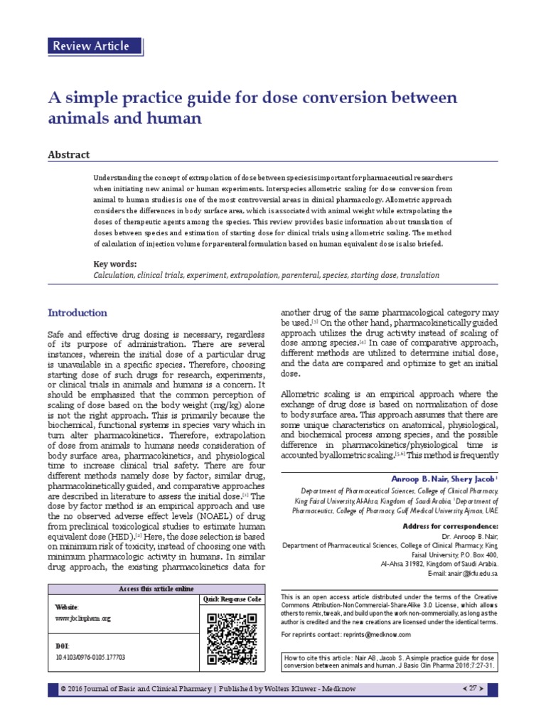 A Simple Practice Guide For Dose Conversion Between Human and Animals ...