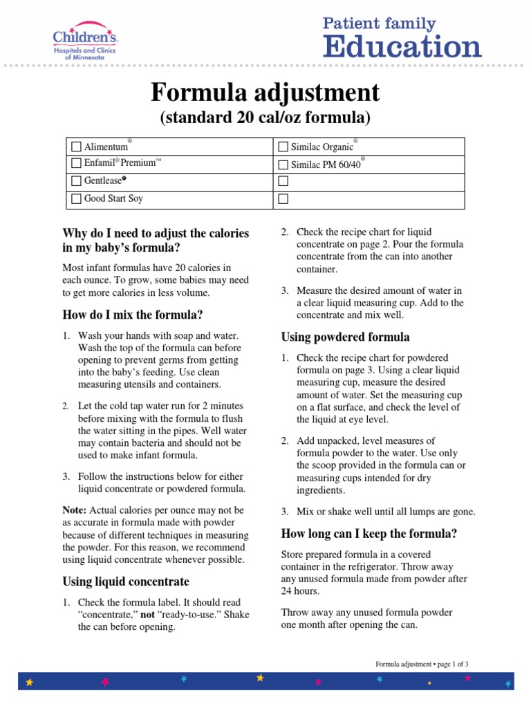 Formula Adjustment (Standard 20 Cal Oz) | PDF | Infant Formula | Calorie
