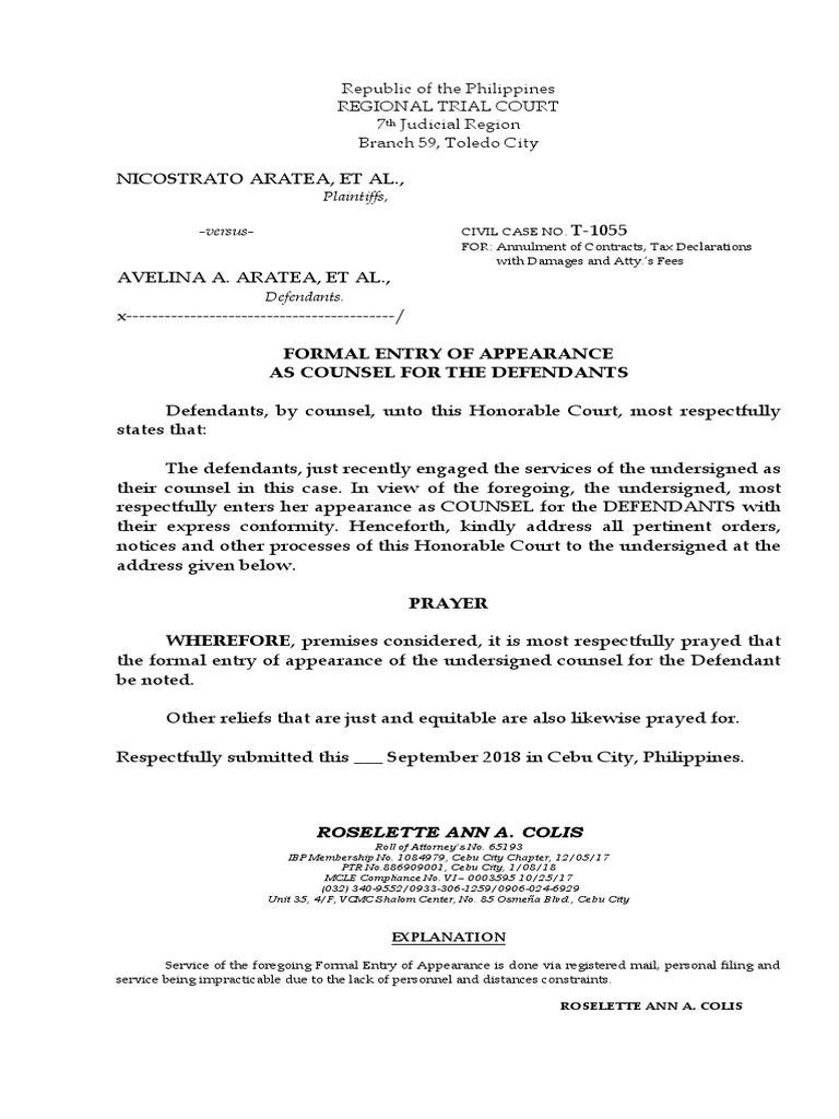 Formal Entry of Appearance | PDF | Virtue | Social Institutions