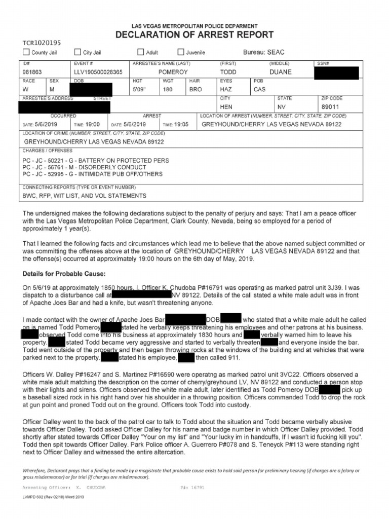 Pomeroy, Todd Arrest Report | PDF