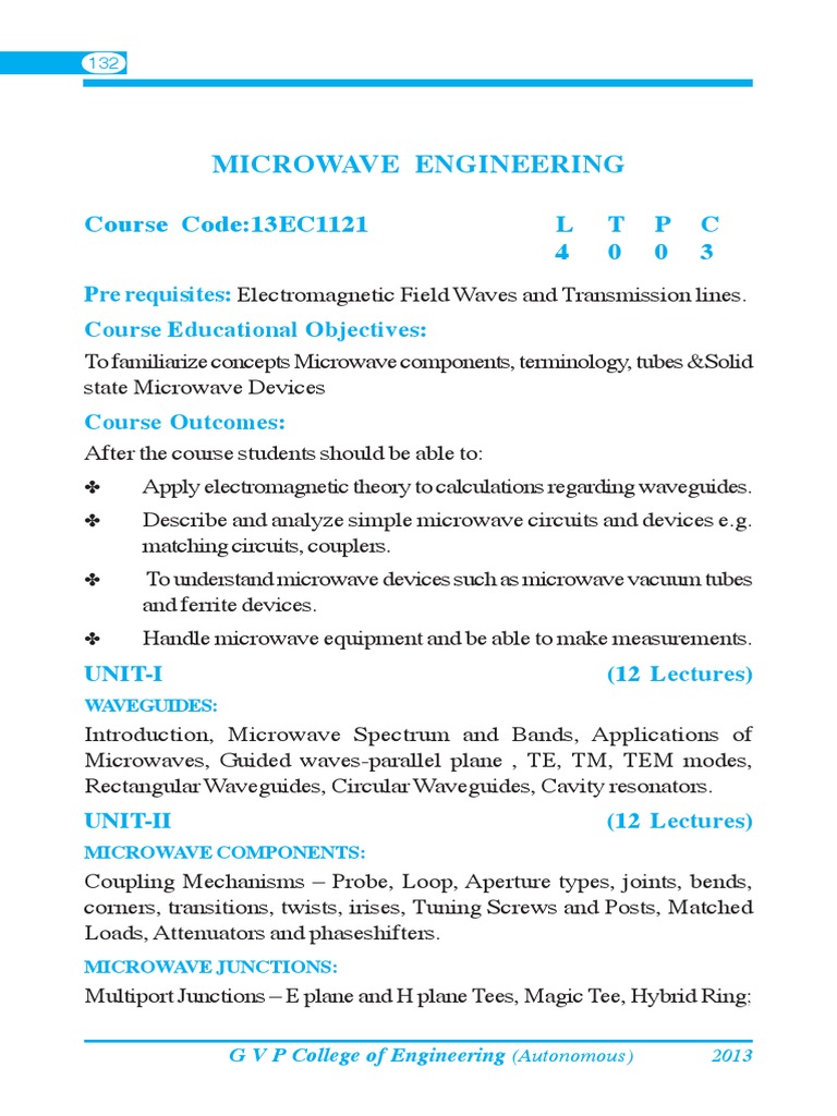 Microwave Engineering: Course Code:13EC1121 L TPC 4 0 0 3 | PDF ...