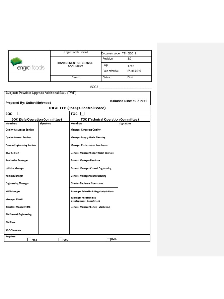 LOCAL CCB (Change Control Board) SOC TOC: SOC (Safe Operation Committee ...