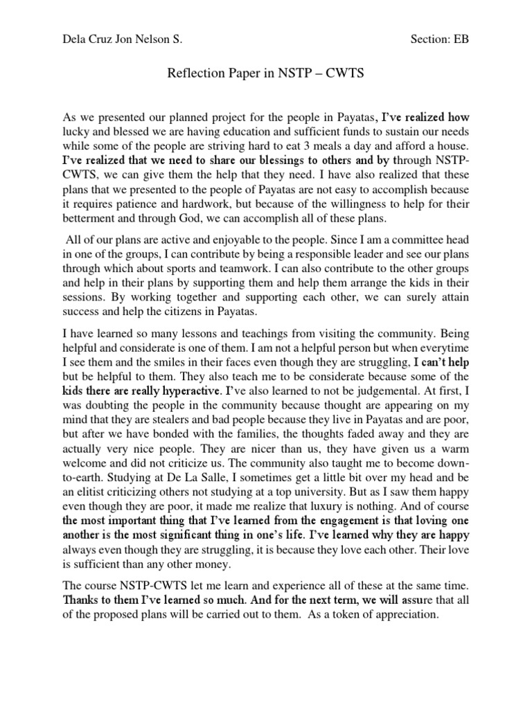 Reflection Paper in NSTP CWTS | PDF | Self-Improvement | Wellness