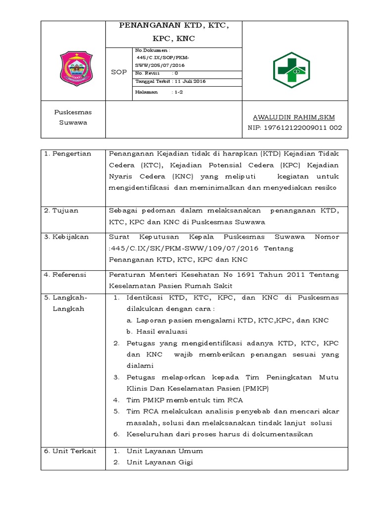 Berkas Akreditasi Bab 9 9.1.1.6 Sop Penanganan KTD, KTC, KPC, KNC | PDF | Sains & Matematika