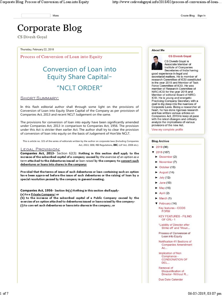 Corporate Blog - Process of Conversion of Loan Into Equity | PDF ...