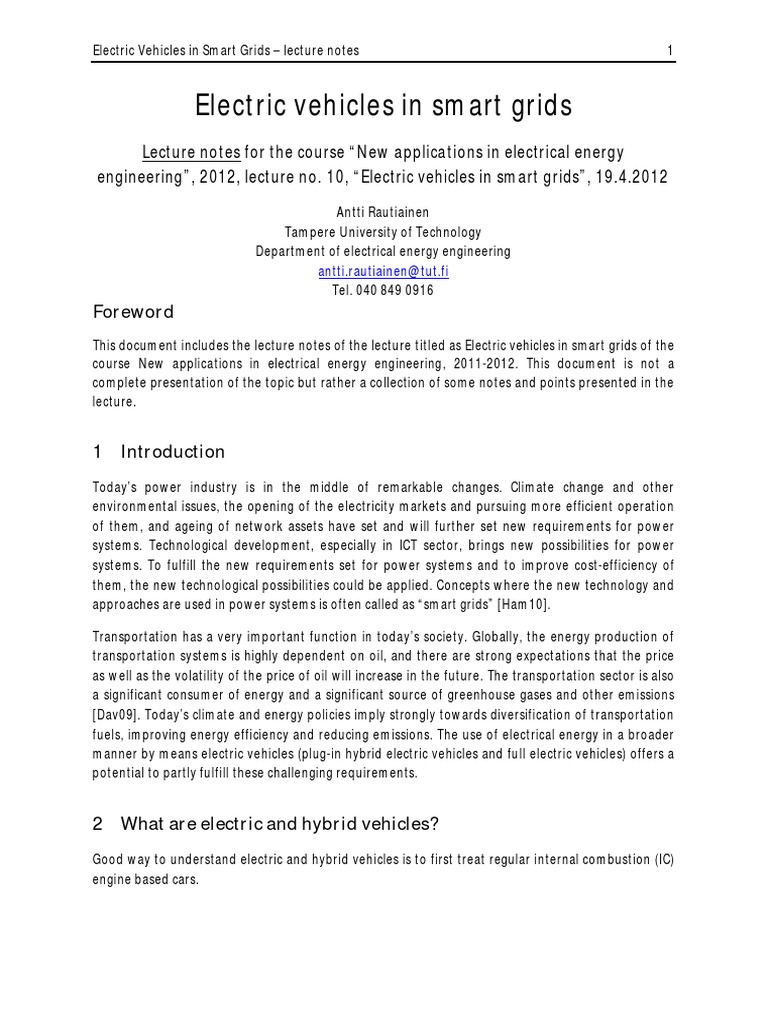 Electric Vehicles in Smart Grids Lecture Notes | PDF | Battery Charger ...