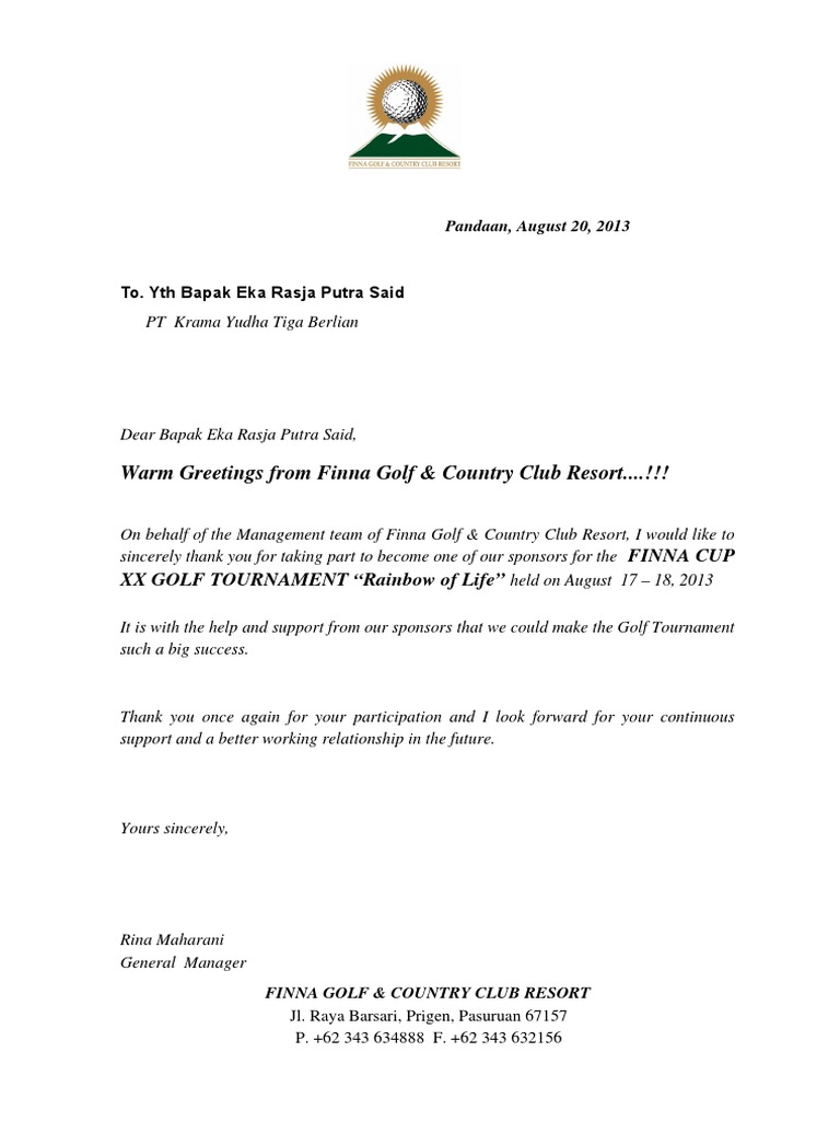 Warm Greetings From Finna Golf & Country Club Resort.... !!!: To. Yth ...