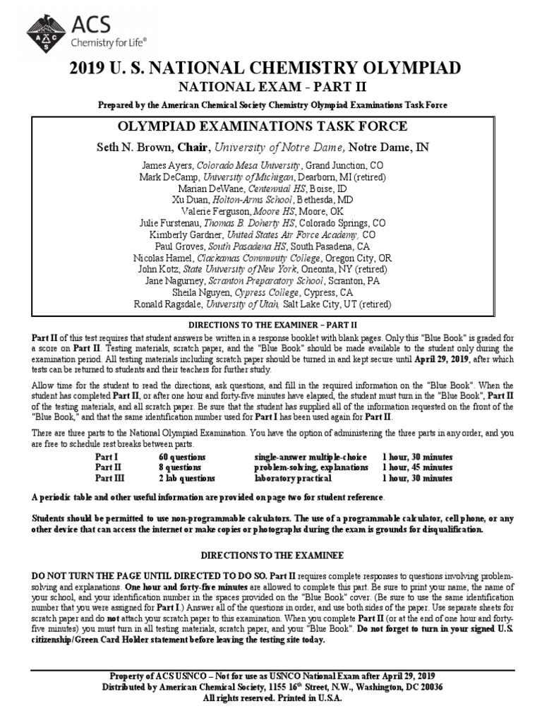 2019 Usnco Exam Part II | PDF | Mole (Unit) | Redox