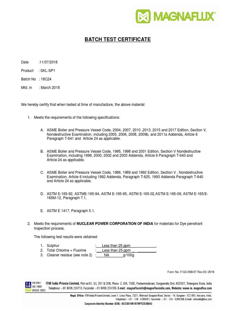 PT Test Certificate | PDF | Nondestructive Testing | Chemistry