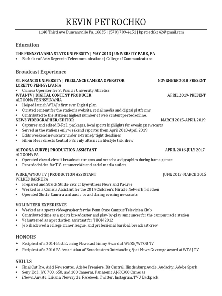 Kevins Updated Resume Rev | PDF | News Broadcasting | Mass Media