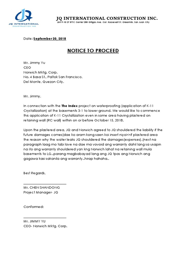 Notice To Proceed: JQ International Construction Inc | PDF