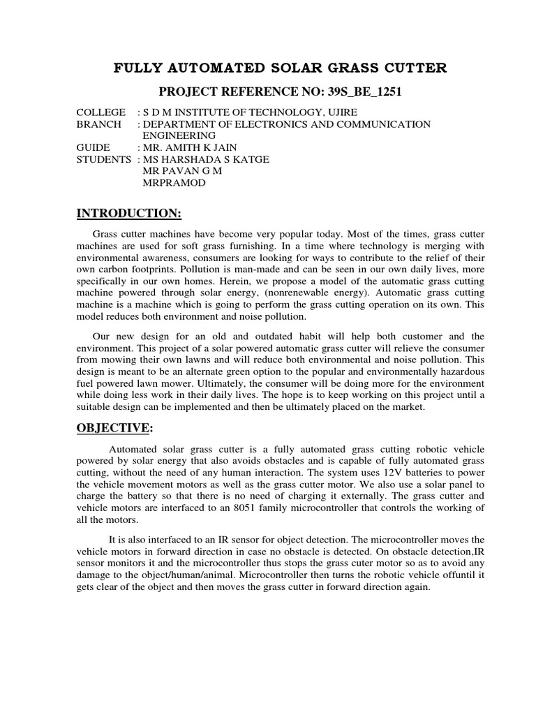 Solar Grass Cutter Report | PDF | Mower | Solar Panel