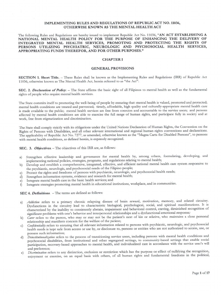 IRR of RA 11036 Mental Health Act | PDF