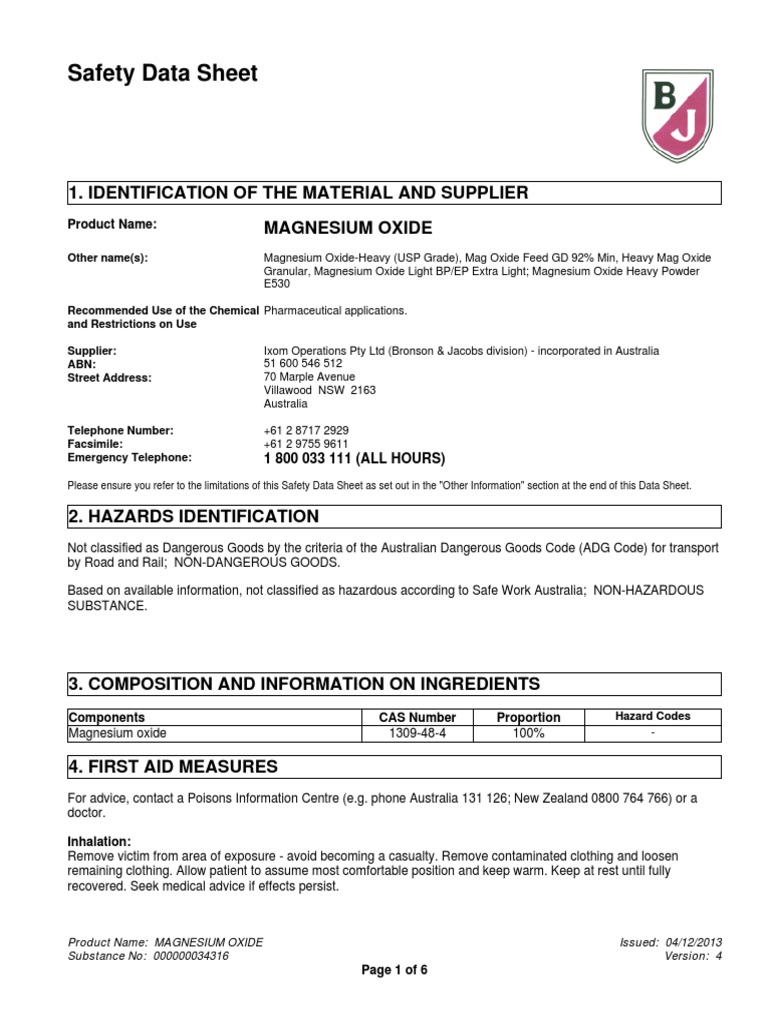 Safety Data Sheet: 1. Identification of The Material and Supplier Magnesium Oxide | PDF ...