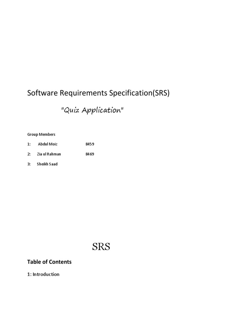 Software Requirements Specification (SRS) : "Quiz Application" | PDF